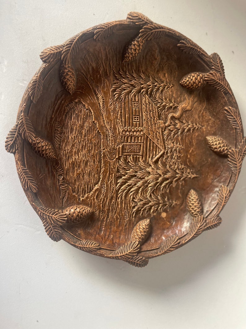 Vintage Carved Wood Look Tray Log Cabin in Pine Forest Pine Cones and ...