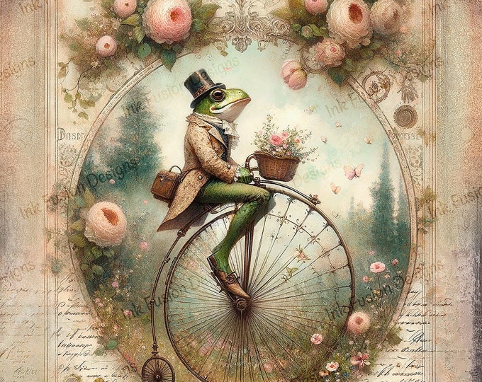 Whimsical Frog Art Print: Victorian Penny-farthing, Floral Botanical - Etsy