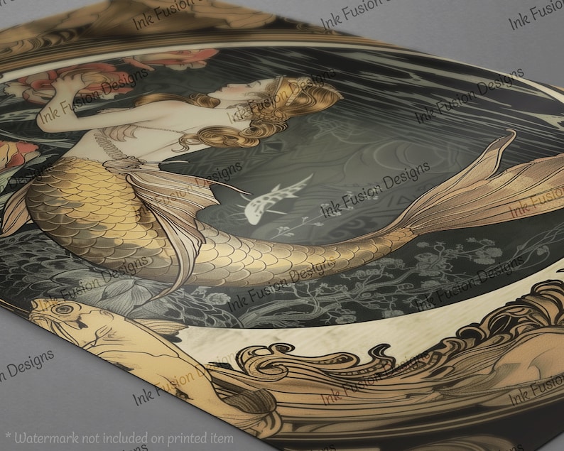 Floral Mermaid Art Print: Golden Tail Fantasy, Elegant Home Decor - Etsy