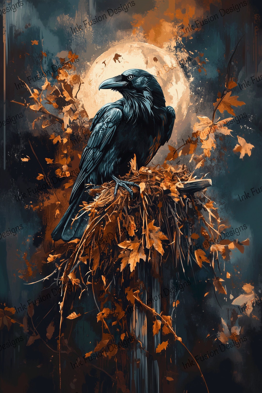 Raven and Fall Leaves Art Print: Moody Halloween Decor - Etsy
