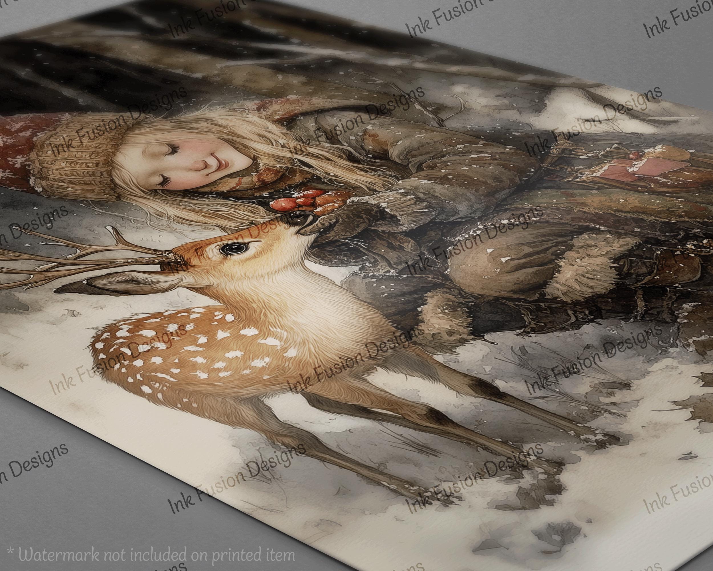 Girl and Fawn Art Print: Winter Forest Scene, Holiday Decor - Etsy
