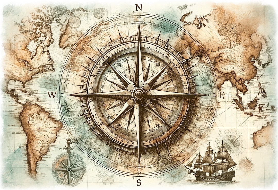 Vintage World Map Art Print: Nautical Chart Compass Rose - Etsy