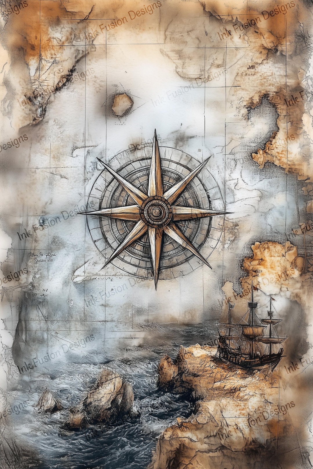 Vintage Nautical Map Art Print: Compass Rose, Ship, Sea Voyage - Etsy