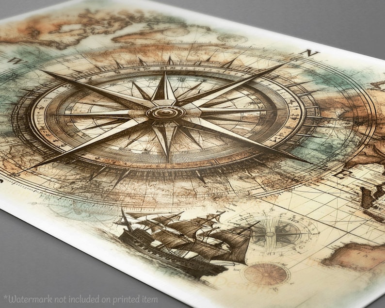 Vintage World Map Art Print: Nautical Chart Compass Rose - Etsy
