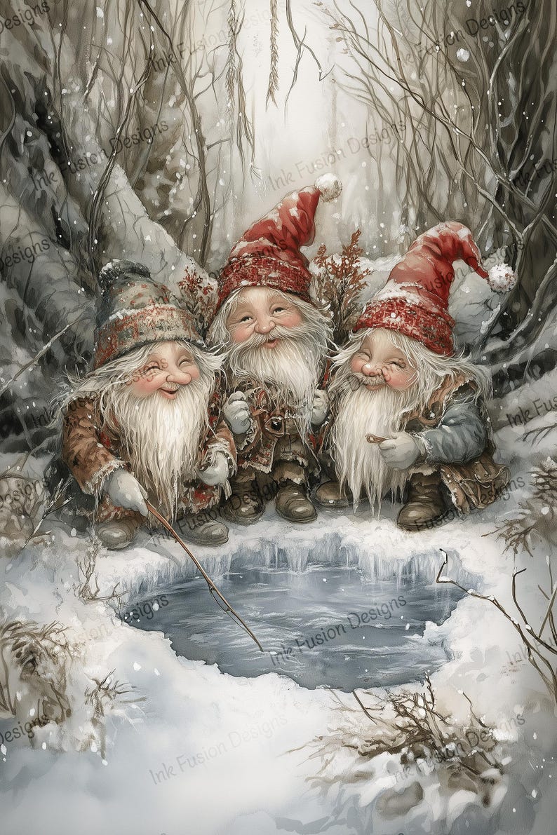 Winter Gnomes Art Print: Ice Fishing Scene, Holiday Decor - Etsy