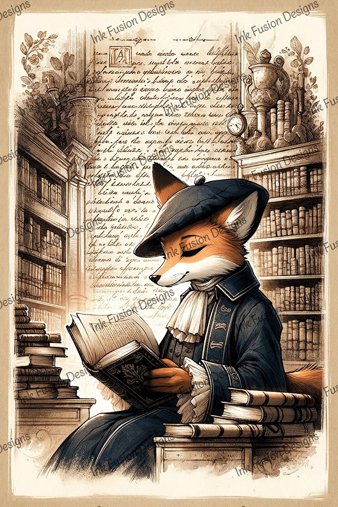 Victorian Fox Library Art Print: Felicity Reading (paper Options) - Etsy