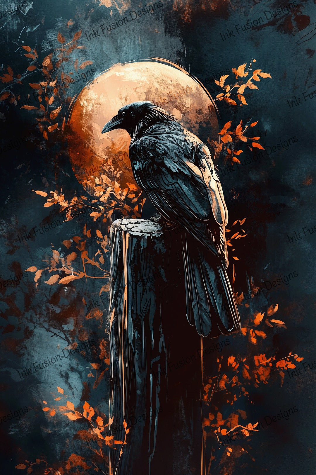 Mystical Crow Art Print: Full Moon, Autumn Night Scene - Etsy