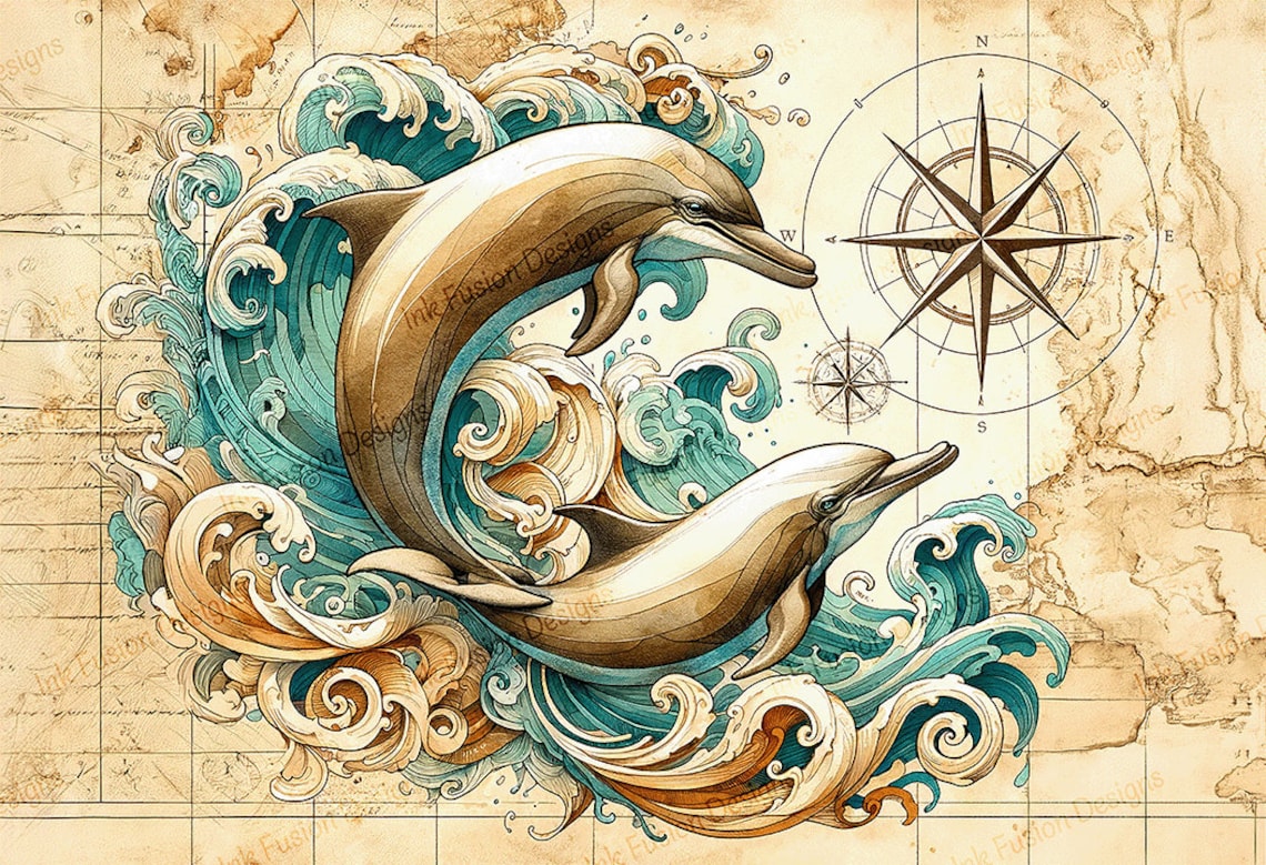Dolphin Art Print: Nautical Compass, Ocean Waves, Marine Decor - Etsy