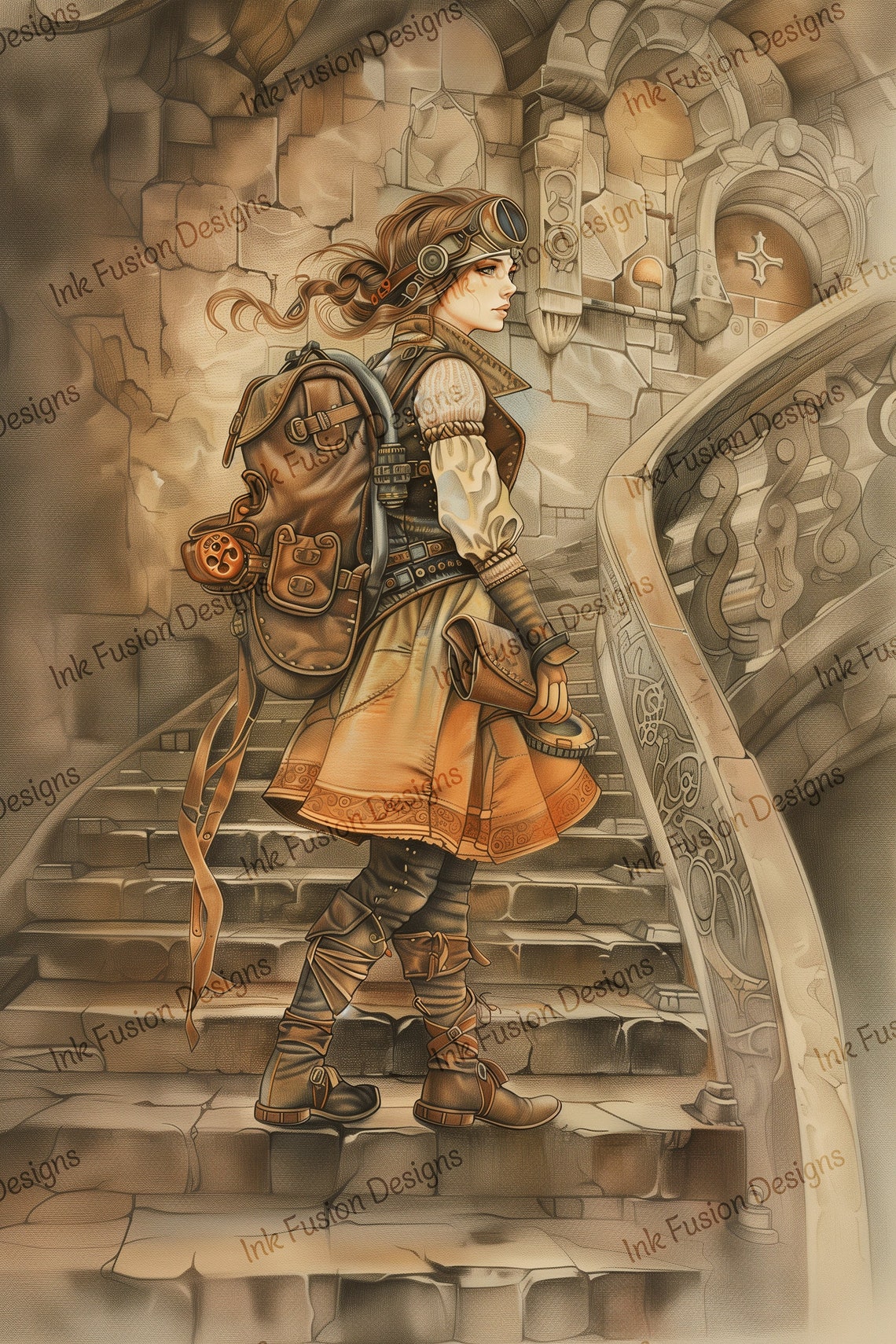 Steampunk Explorer Art Print: Victorian Adventurer on Stone Staircase ...