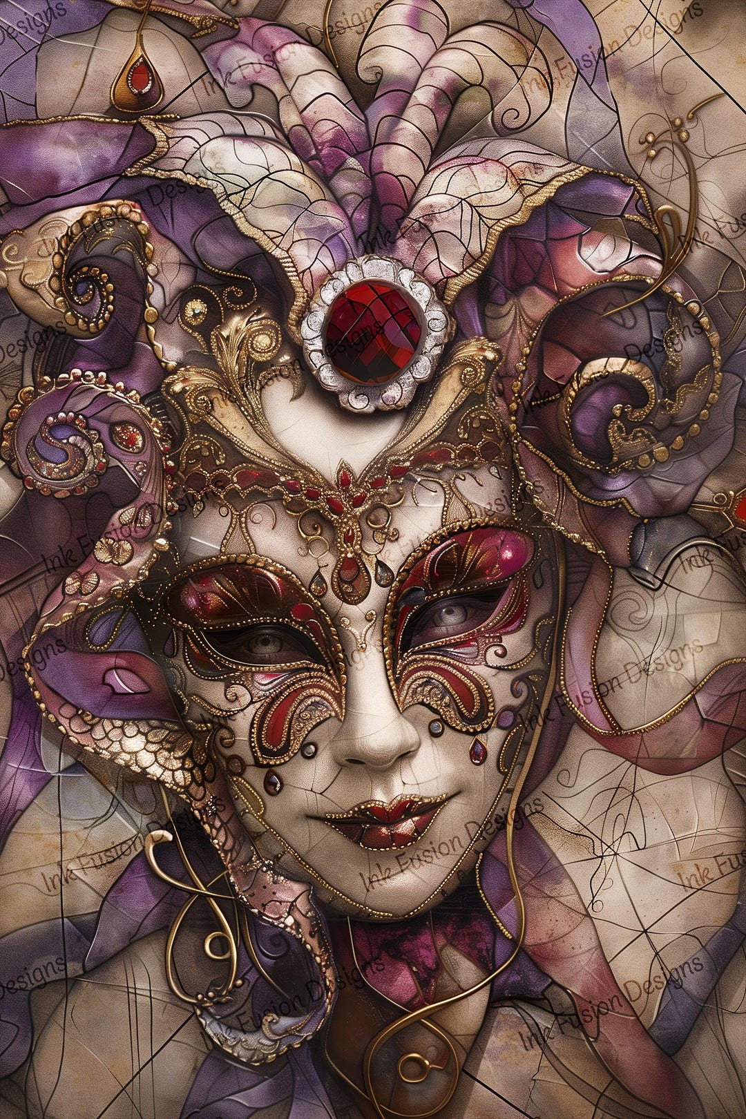 Ruby Phantom Masquerade Mask Art Print: Venetian Harlequin Decor - Etsy