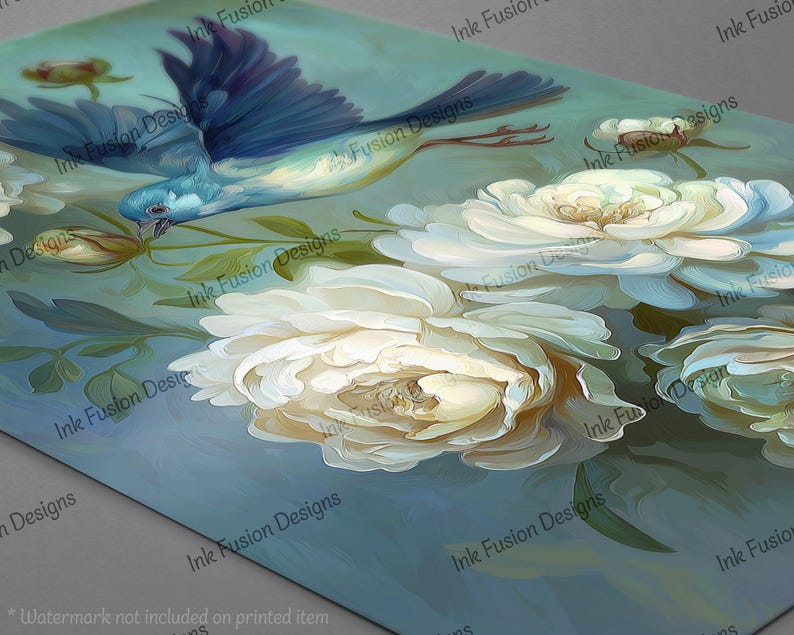 Bluebird & White Peonies Art Paper: Vintage Botanical Print for ...