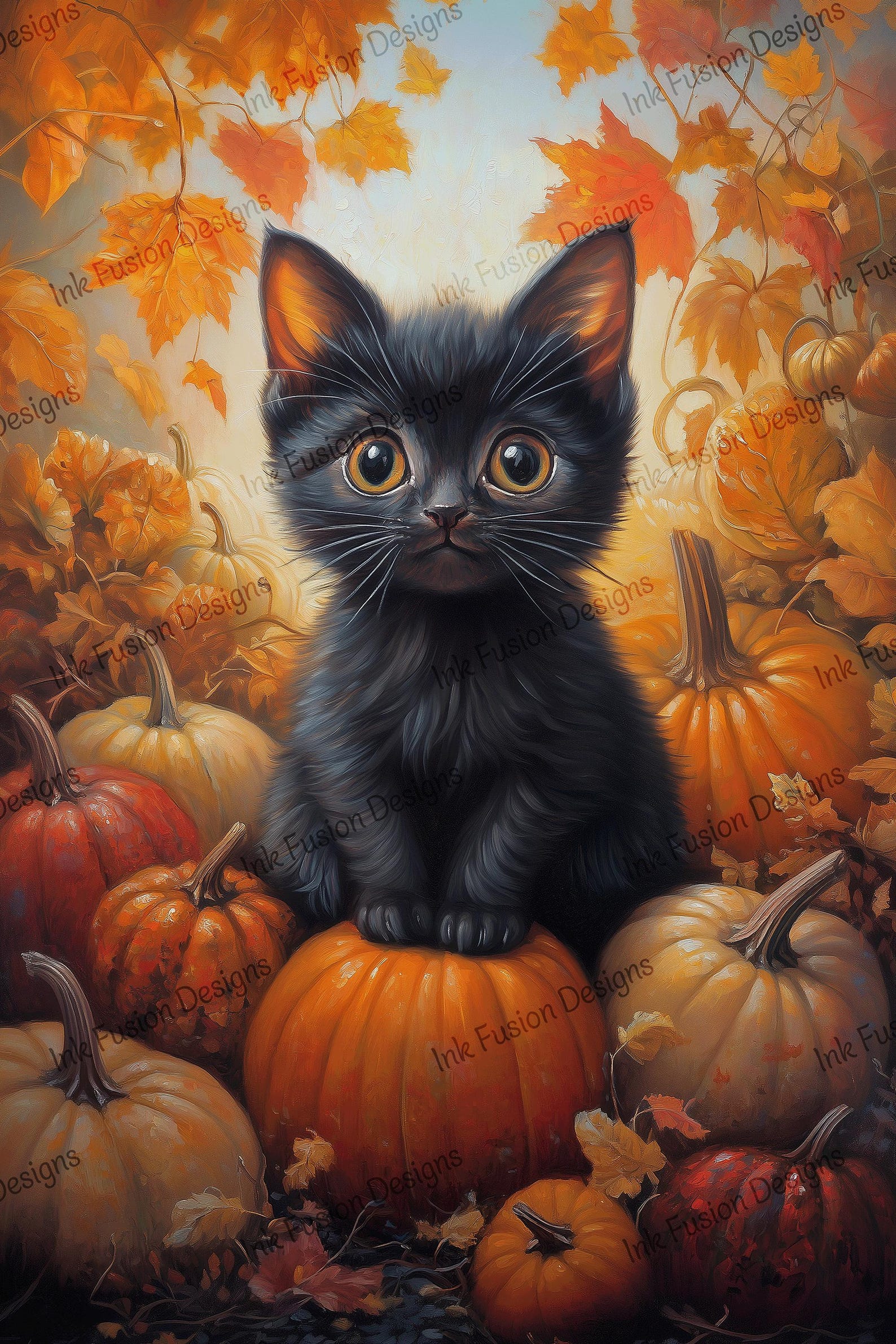 Pumpkin Patch Kitten Art Paper: Whimsical Black Cat Print for Decoupage ...