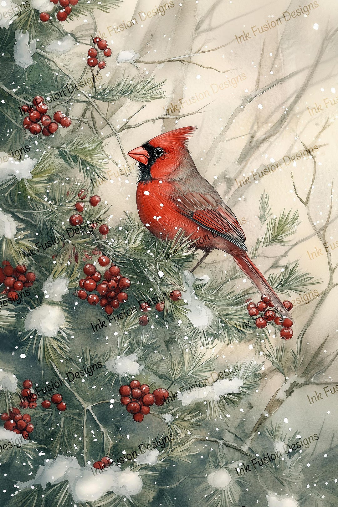 Winter Cardinal Art Print: Snowy Tree Branch, Red Berries - Etsy
