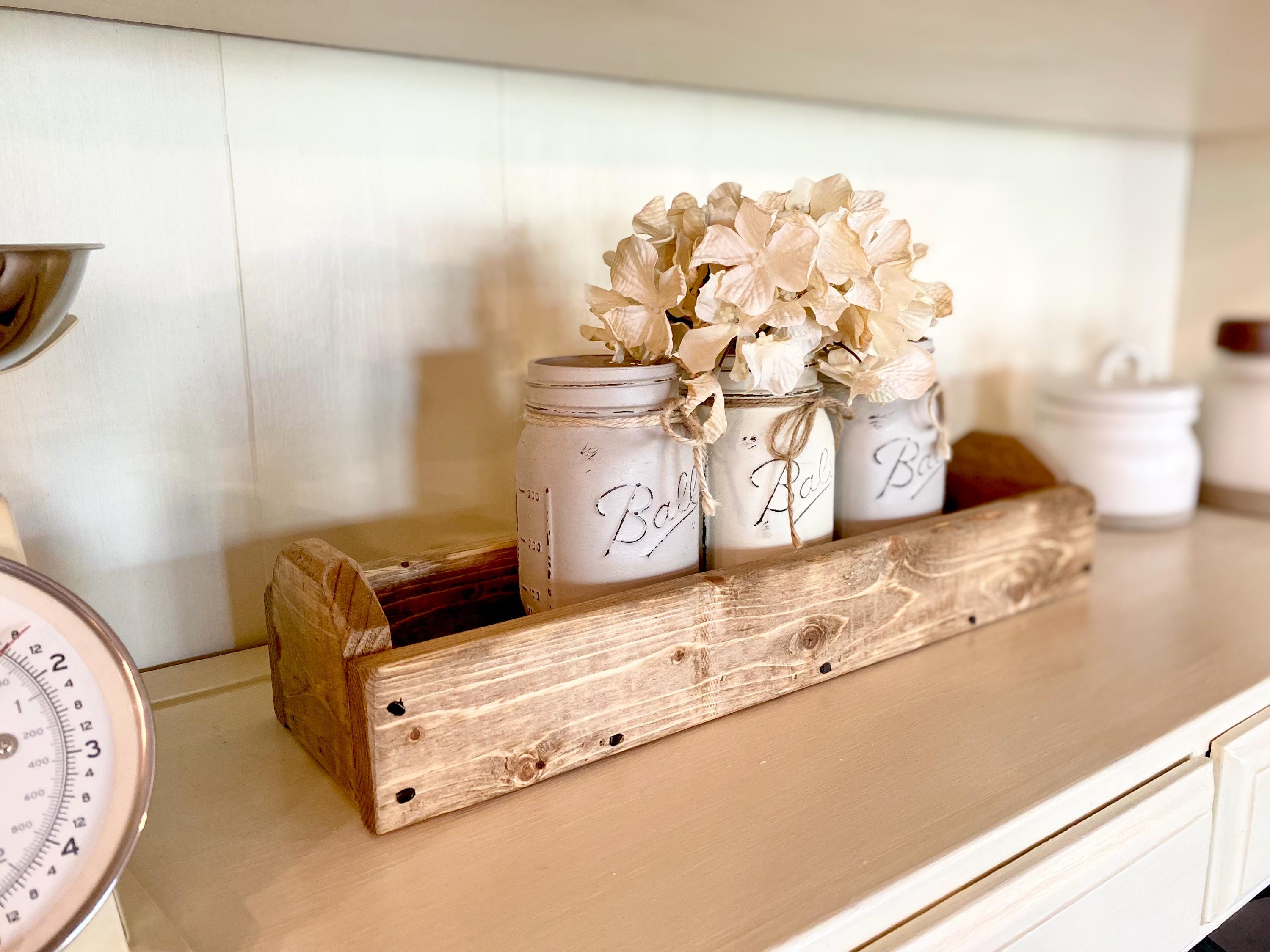 Rustic Wood Table Centerpiece With Chalk Painted Mason Jars, Mason Jar ...