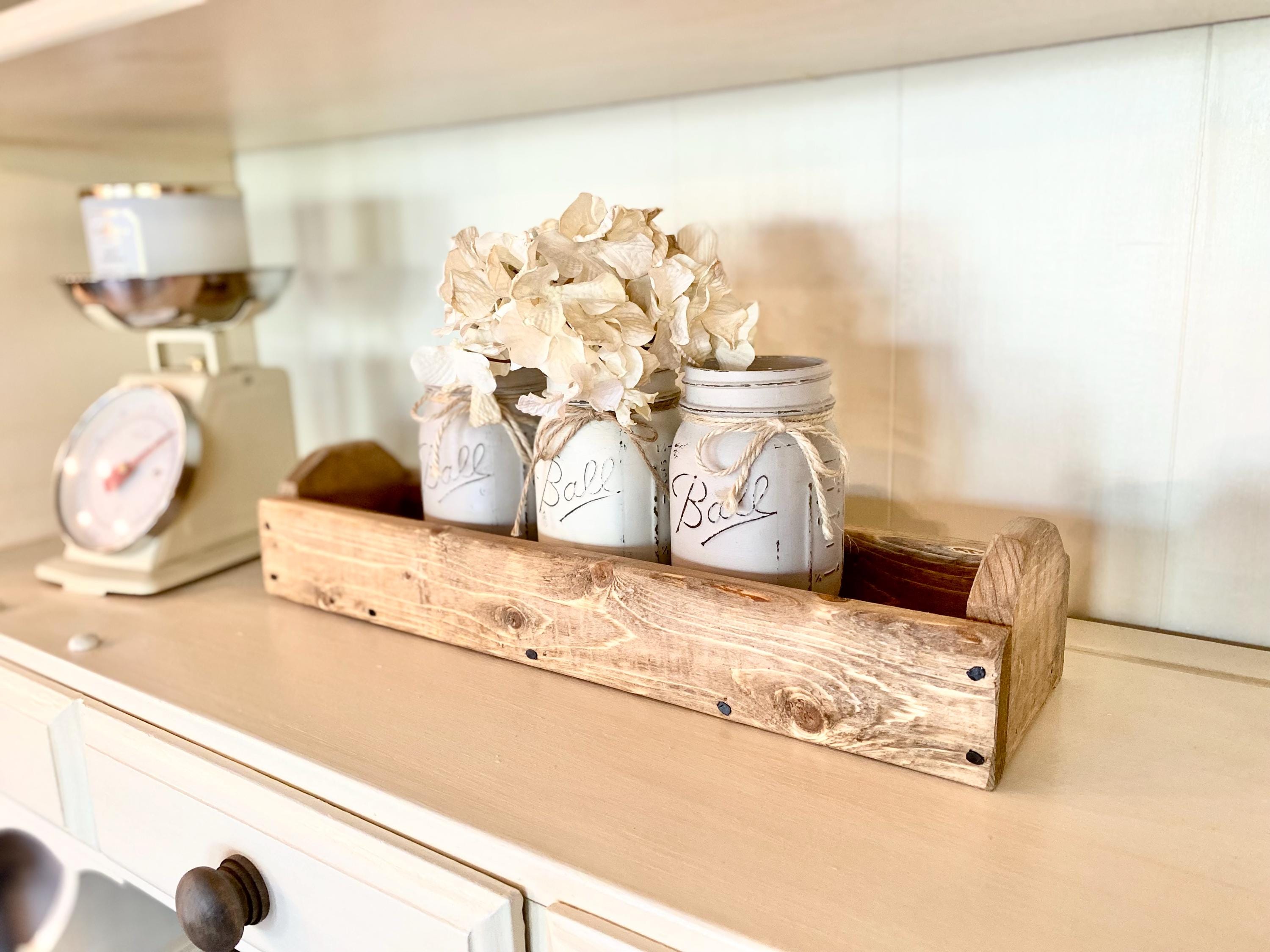 Rustic Wood Table Centerpiece With Chalk Painted Mason Jars, Mason Jar ...
