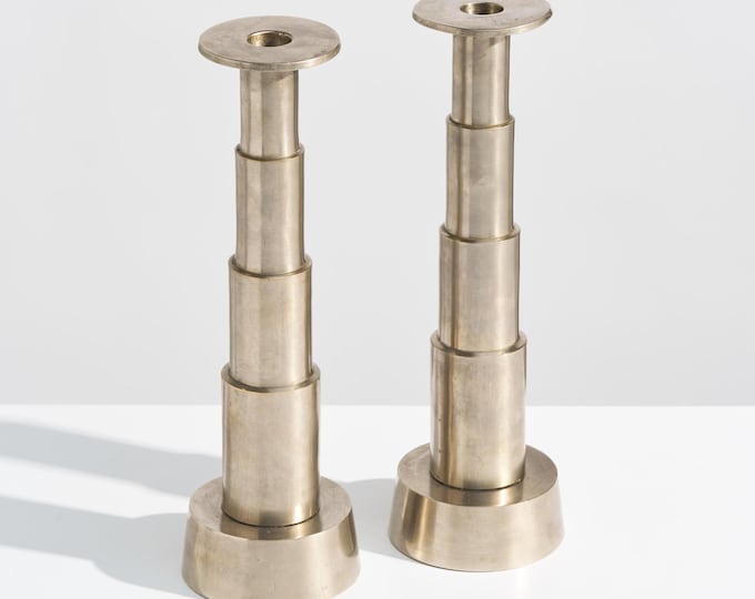 Pair of Vintage Machine Age Tiered Steel Candle Holders // TALL Stacked ...