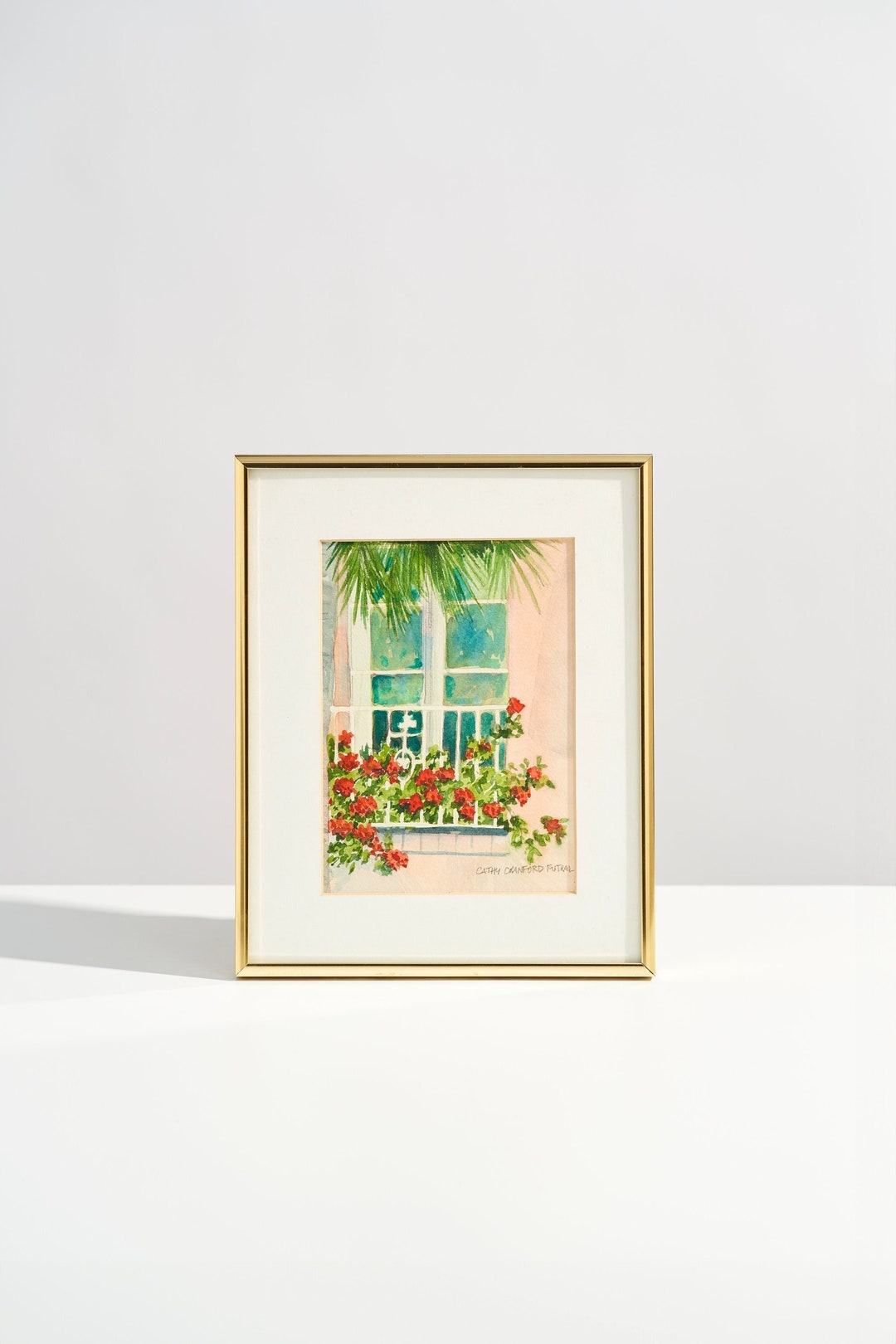 Vintage Original Watercolor Painting of Red Flowers Roses on a Window ...