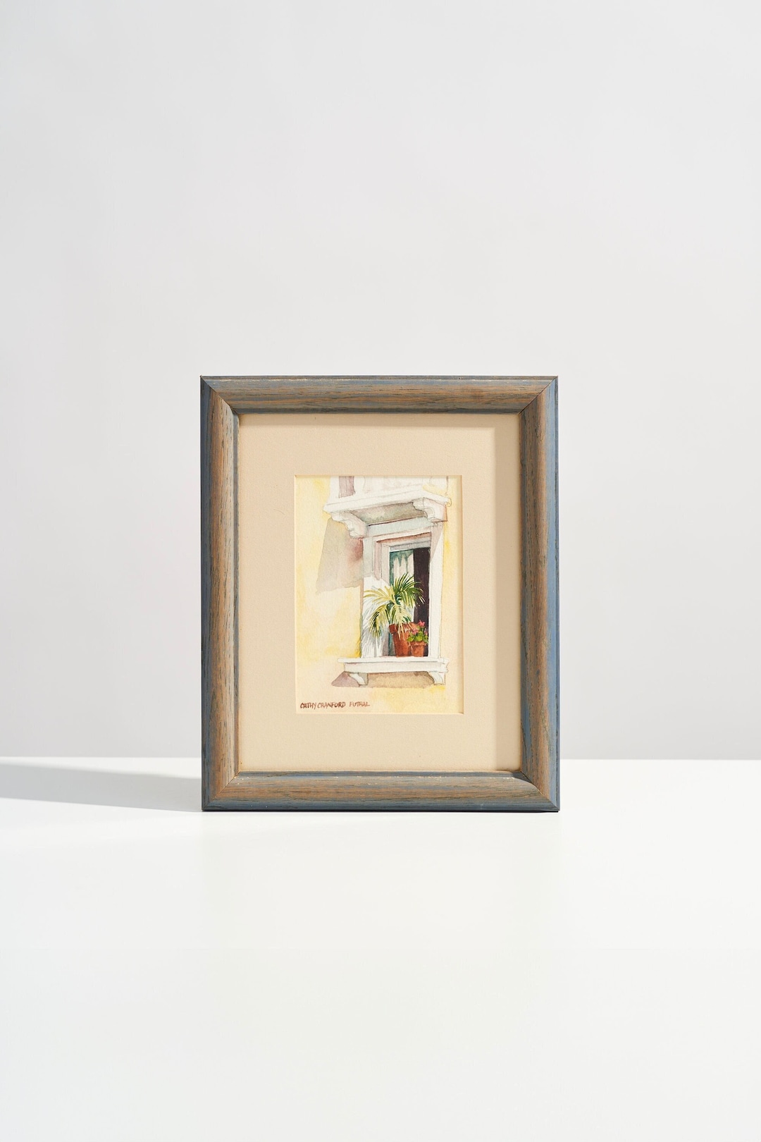 Vintage Original Watercolor Painting of Potted Palm and Flowers on ...