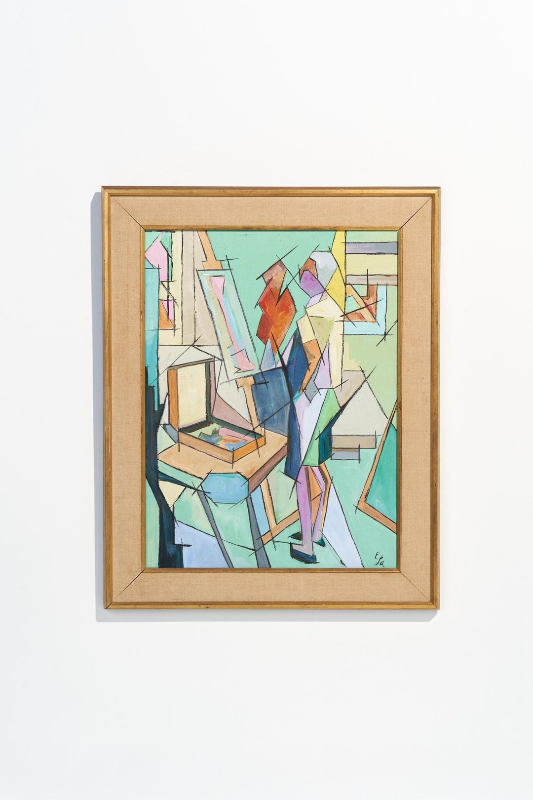 Vintage Original French Cubist Painting of Artist in Art Studio // Mid ...
