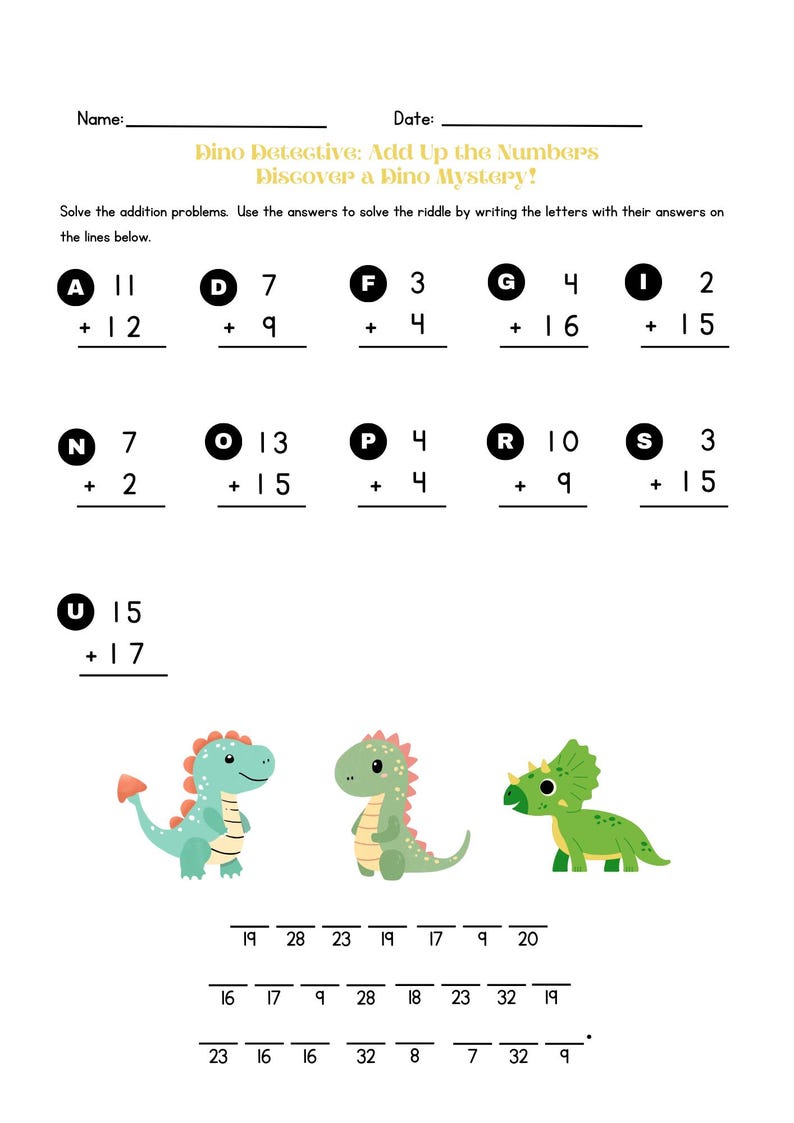 DINO DETECTIVE ADDITION Preschool Math Worksheet Kindergarten ...