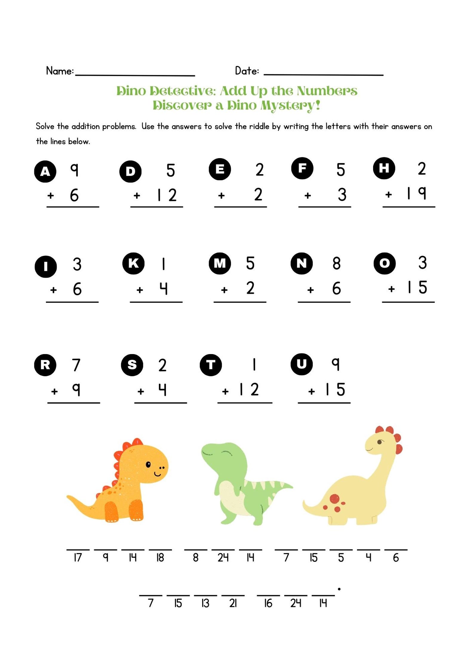 DINO DETECTIVE ADDITION Preschool Math Worksheet Kindergarten ...