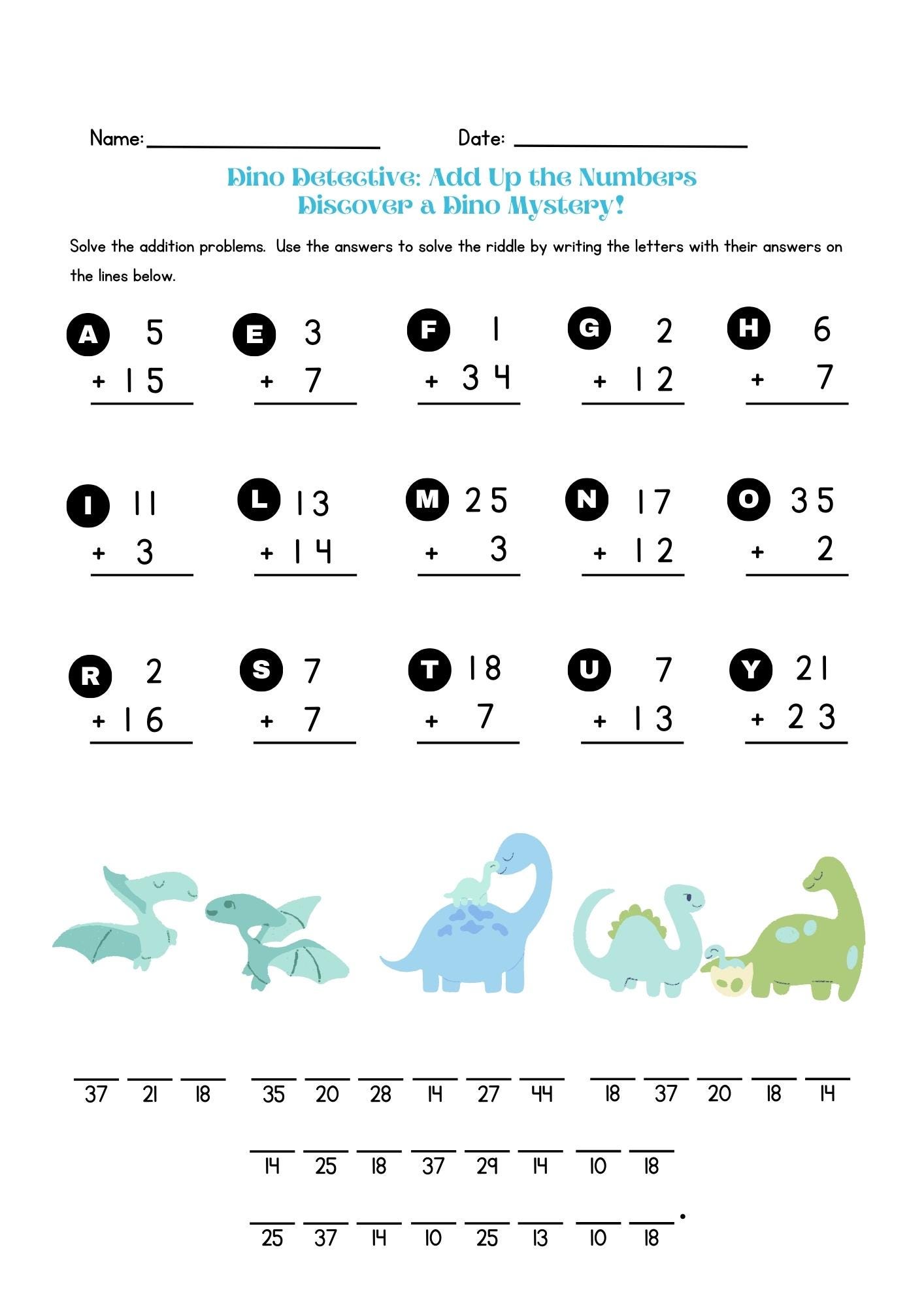 DINO DETECTIVE ADDITION Preschool Math Worksheet Kindergarten ...