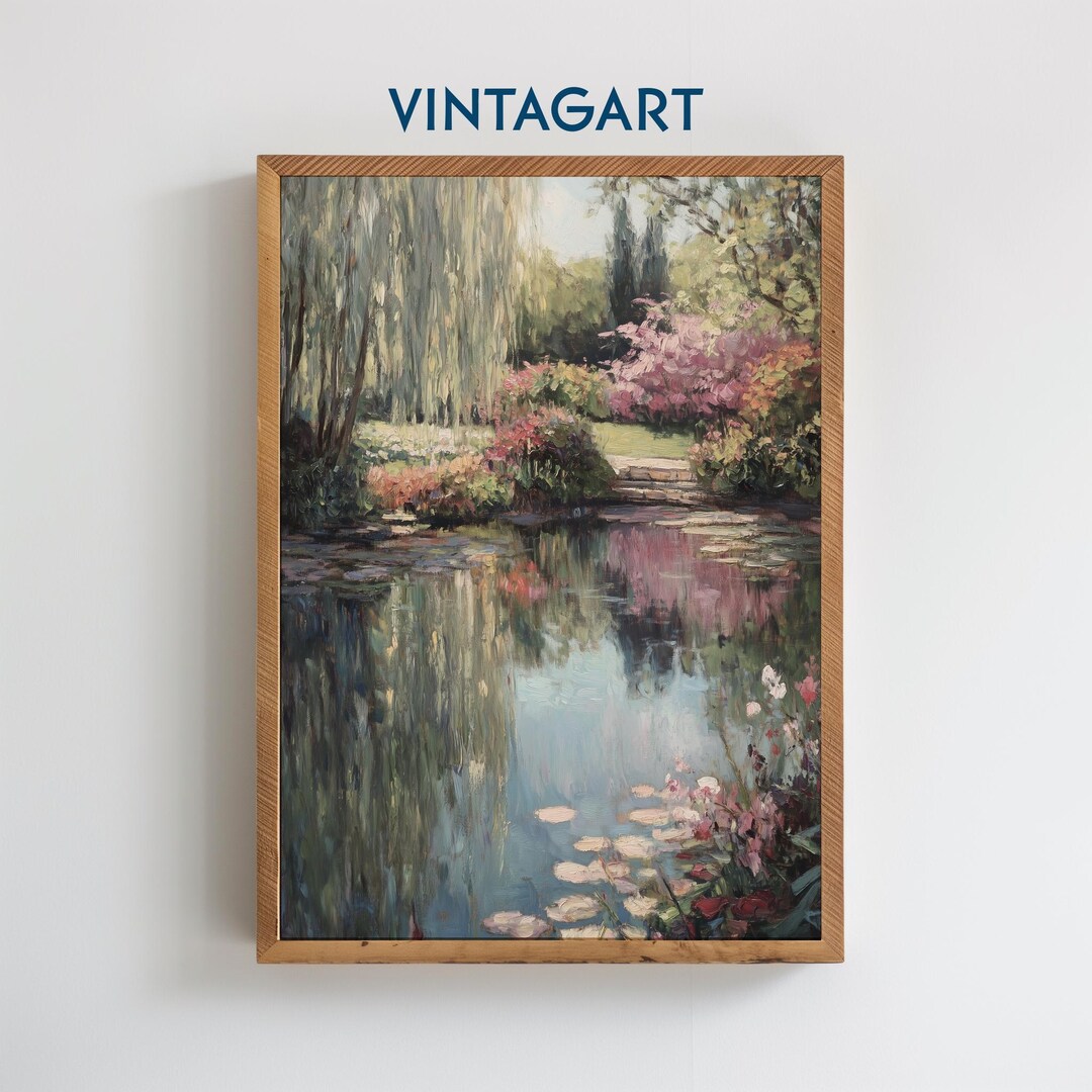 Spring Garden Art Print, Flower Wall Art, Pastel Spring Decor, Pond Oil ...