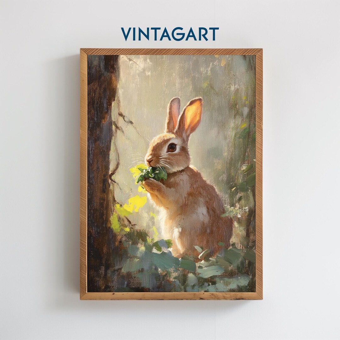 Spring Bunny Rabbit Art Print, Farmhouse Decor, Vintage Oil Painting ...