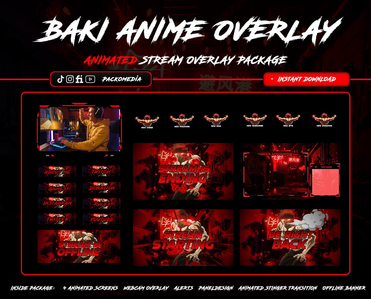 Animated Baki Anime Stream Screens Overlay for Twitch, Youtube, Kick ...