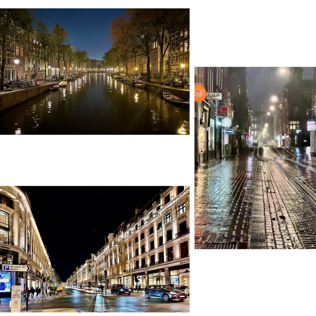 Beautiful 3 Photo Night Time City Set | Amsterdam Canal | London West ...