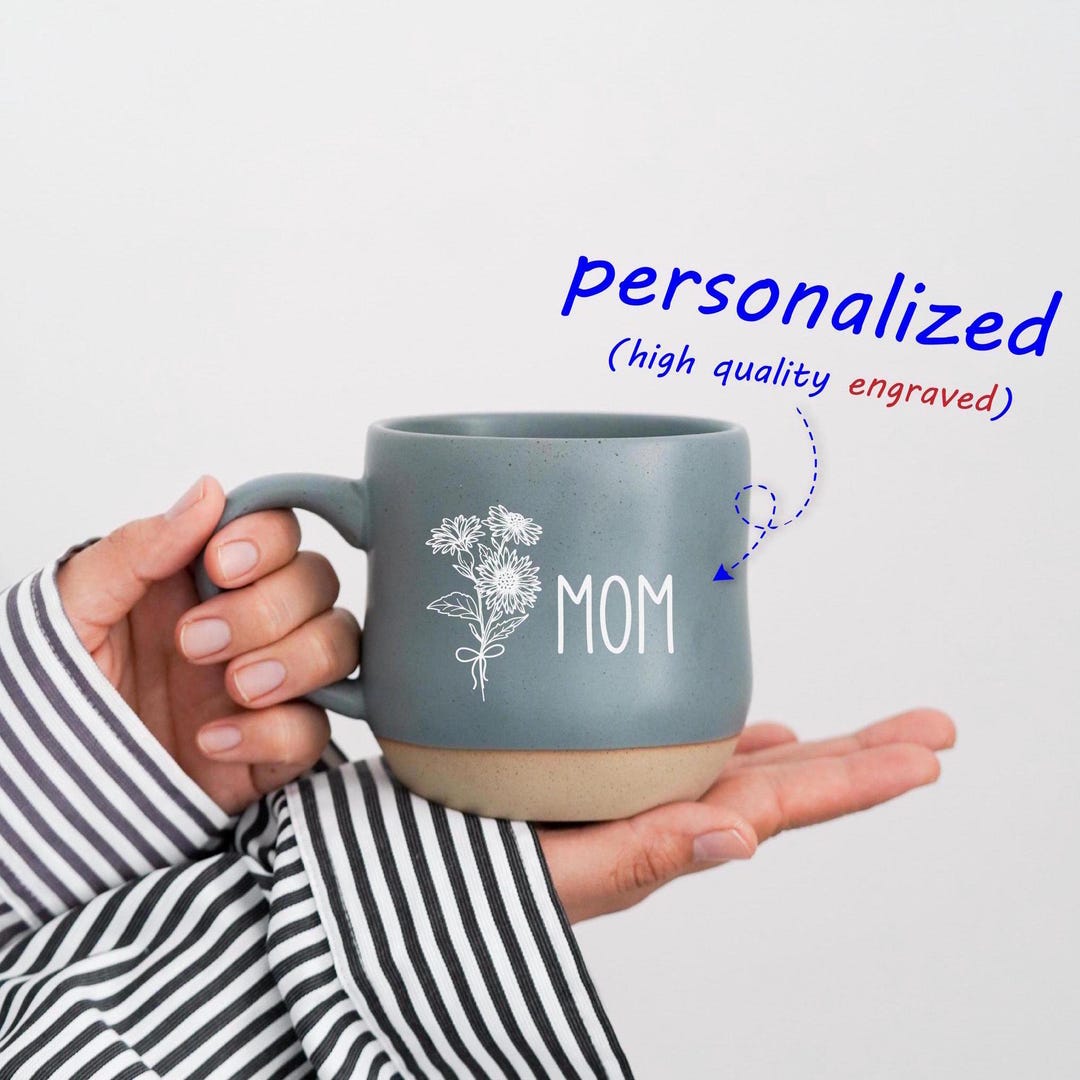 Large Engraved Coffee Mug Birth Flower Mug, Personalized Pottery Mug ...