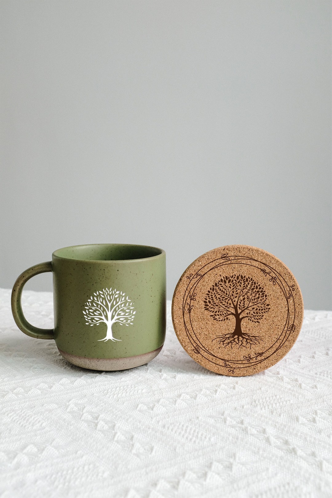 Tree of Life Mug Large Pottery Mug With Cork Coaster, Meditation Mug ...