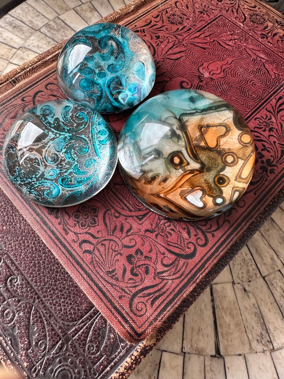 Aqua & Copper Fluid Art Paperweights, Alcohol Ink Sealed Under Glass ...