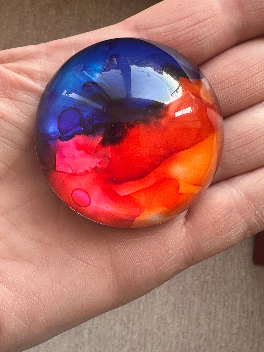 Glass Paperweight, Hot Orange & Blue, Alcohol Ink Sealed Under Glass ...