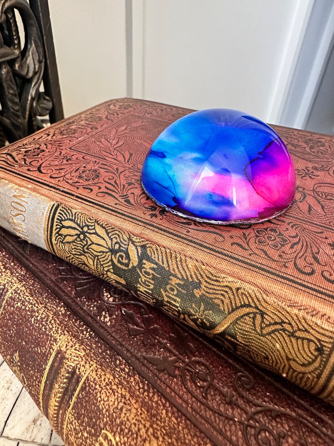 Glass Paperweight, Blue & Pink Alcohol Ink Sealed Under Glass, Unique ...