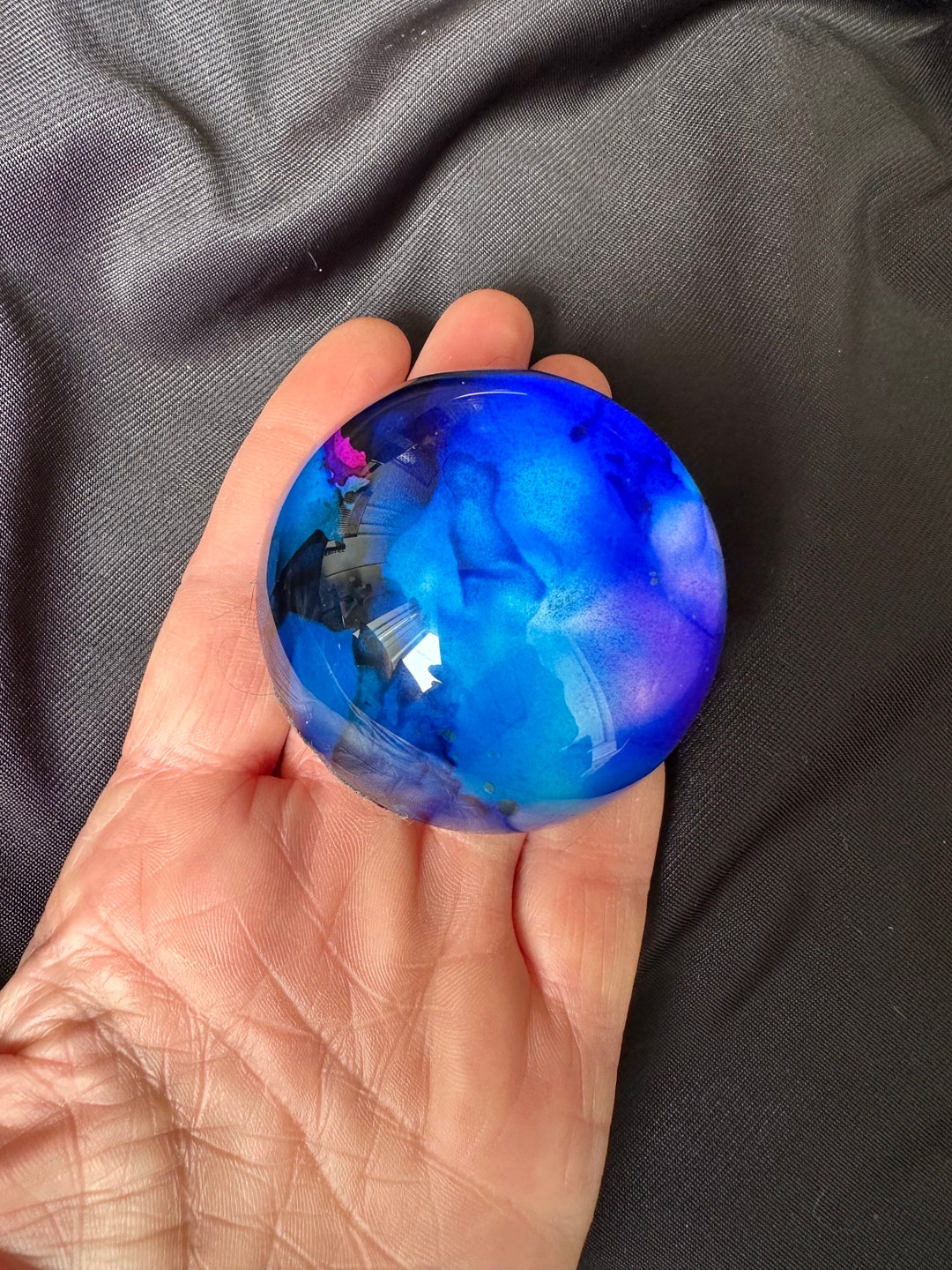 Deep Blue Fluid Art Paperweight, Hint of Pink, Alcohol Ink Sealed Under ...