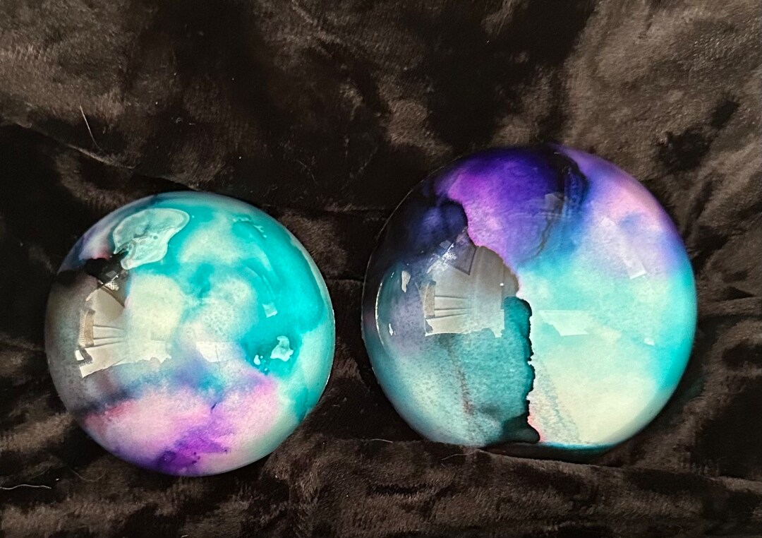 Aqua & Purple Fluid Art Paperweights, Alcohol Ink Sealed Under Glass ...