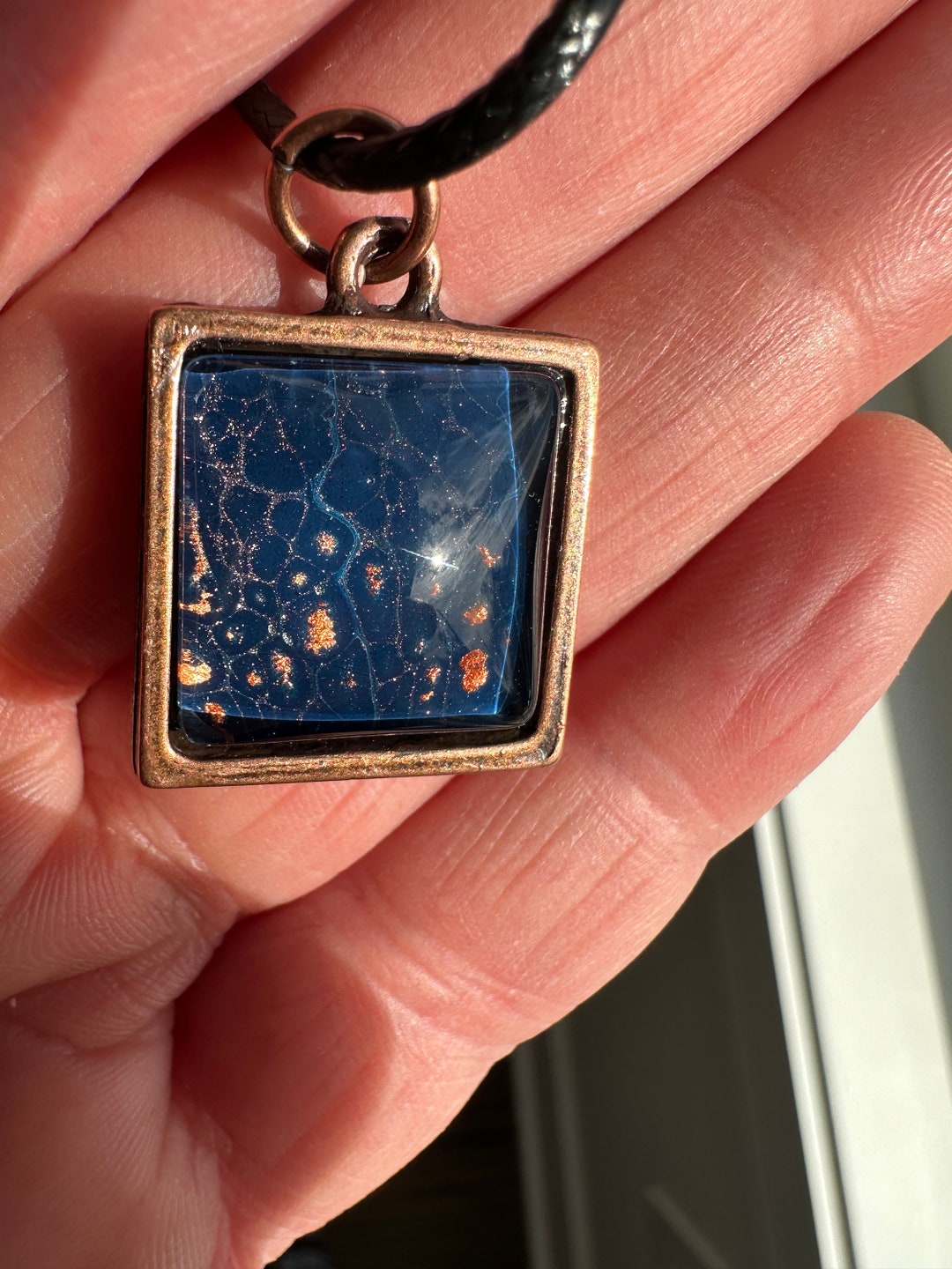 Deep Blue Acrylic Paint Pour Necklace With Copper Drips, Sealed Under ...