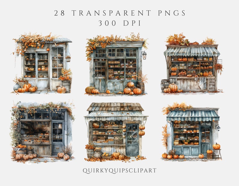 Autumn Storefronts Clipart Bundle, Watercolor PNG Fall Shop Images ...