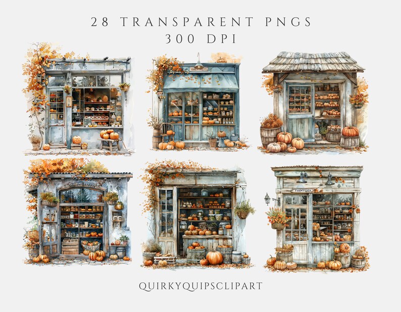 Autumn Storefronts Clipart Bundle, Watercolor PNG Fall Shop Images ...