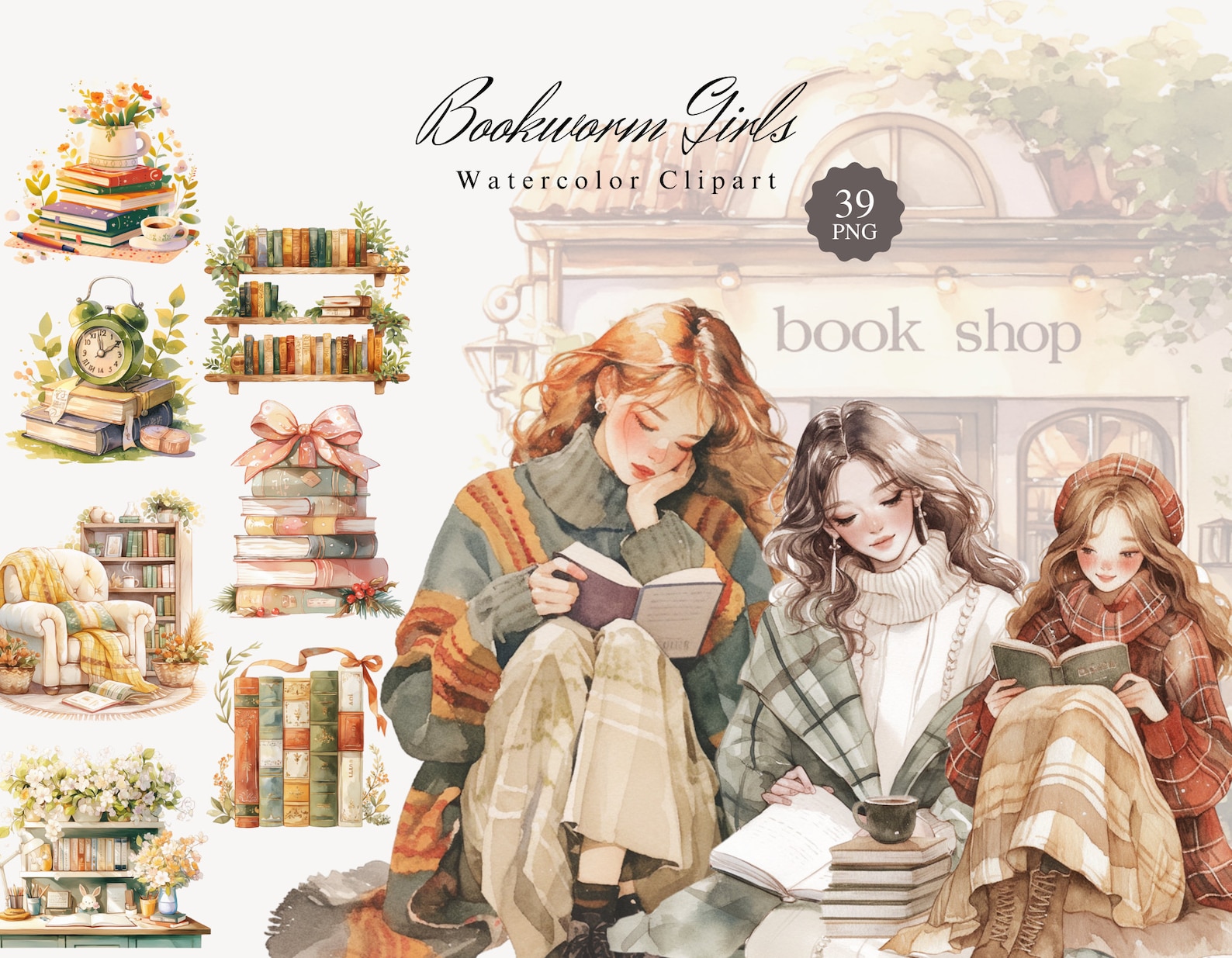 Bookworm Girls, Watercolor Clipart Bundle, Transparent PNG, Girl ...