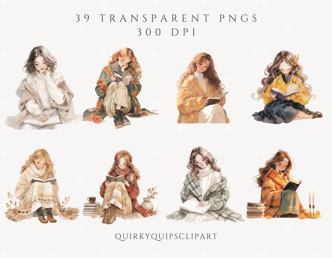 Bookworm Girls, Watercolor Clipart Bundle, Transparent PNG, Girl ...