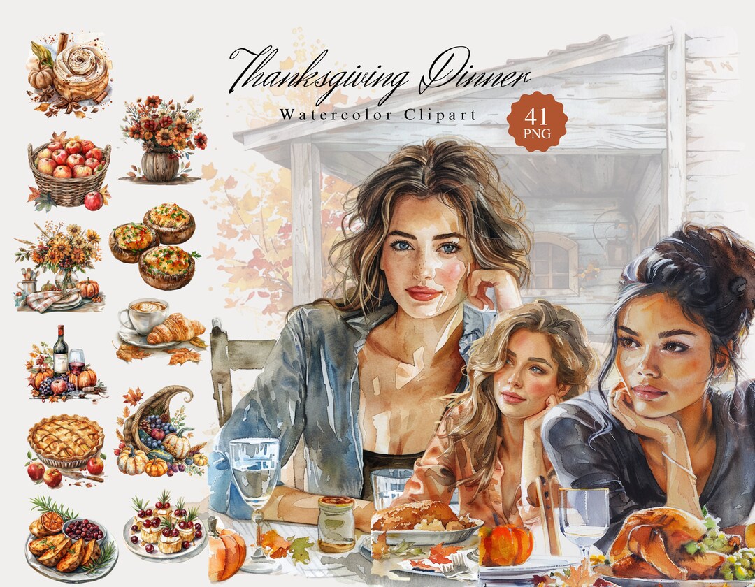 Thanksgiving Dinner Clipart Bundle, Watercolor Cozy Autumn PNG Clipart ...