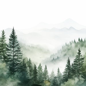 Misty Forest Landscape Watercolor Clipart, Pine Trees, Digital Papers ...