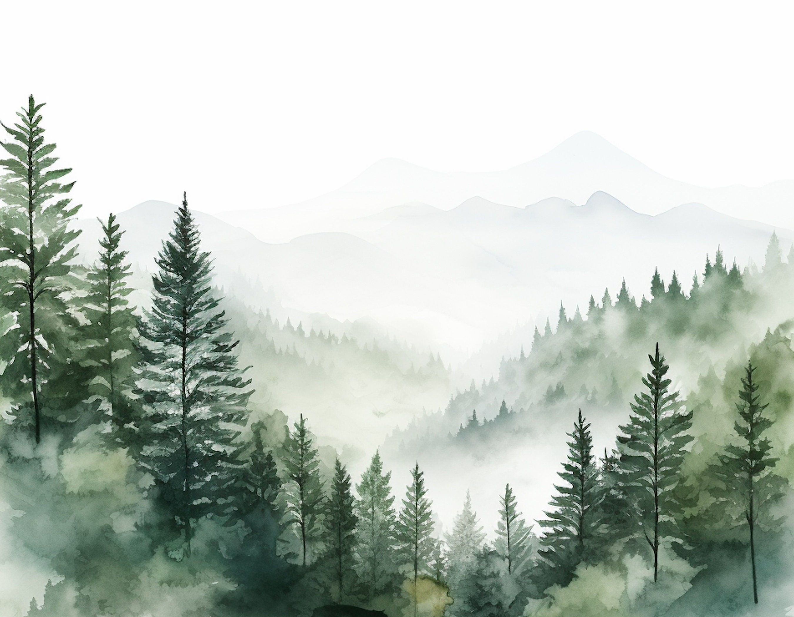 Misty Forest Landscape Watercolor Clipart, Pine Trees, Digital Papers ...