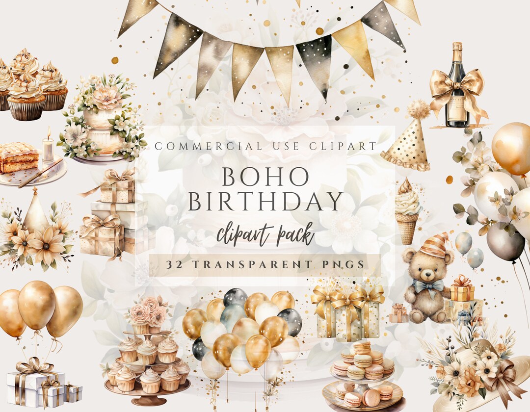 Boho Birthday Clipart Bundle, Watercolor Birthday Clipart, Boho Baby ...