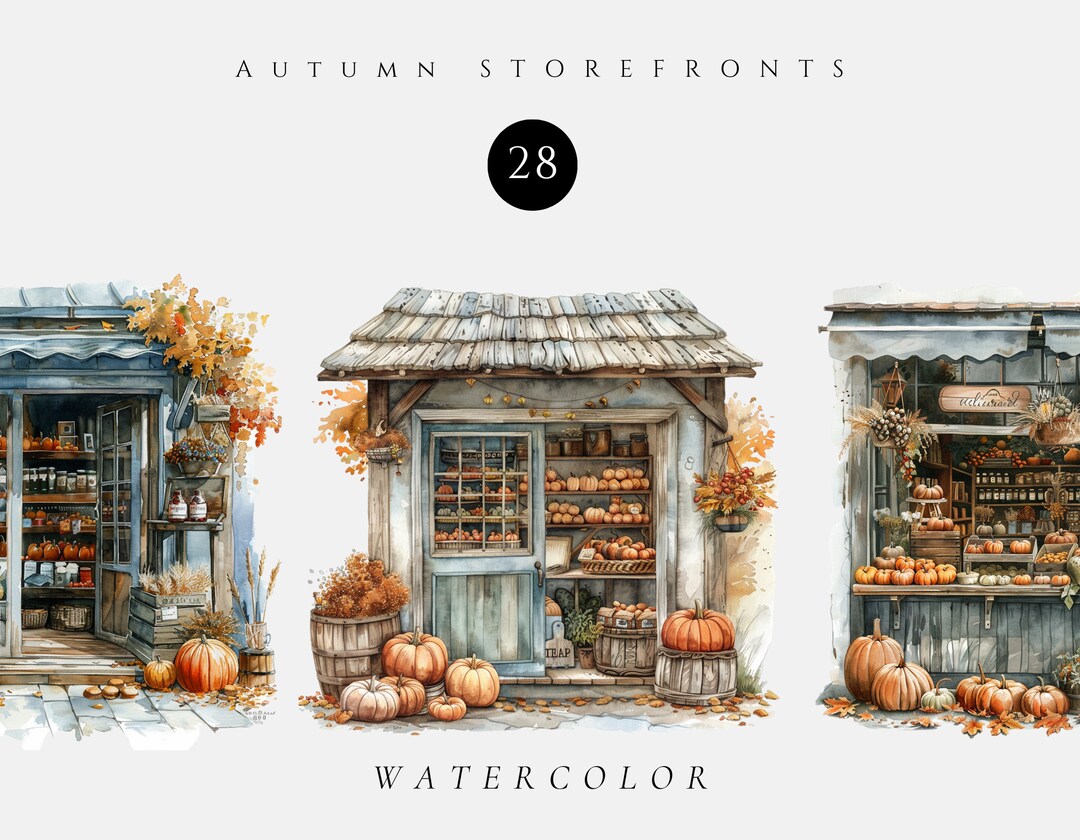 Autumn Storefronts Clipart Bundle, Watercolor PNG Fall Shop Images ...