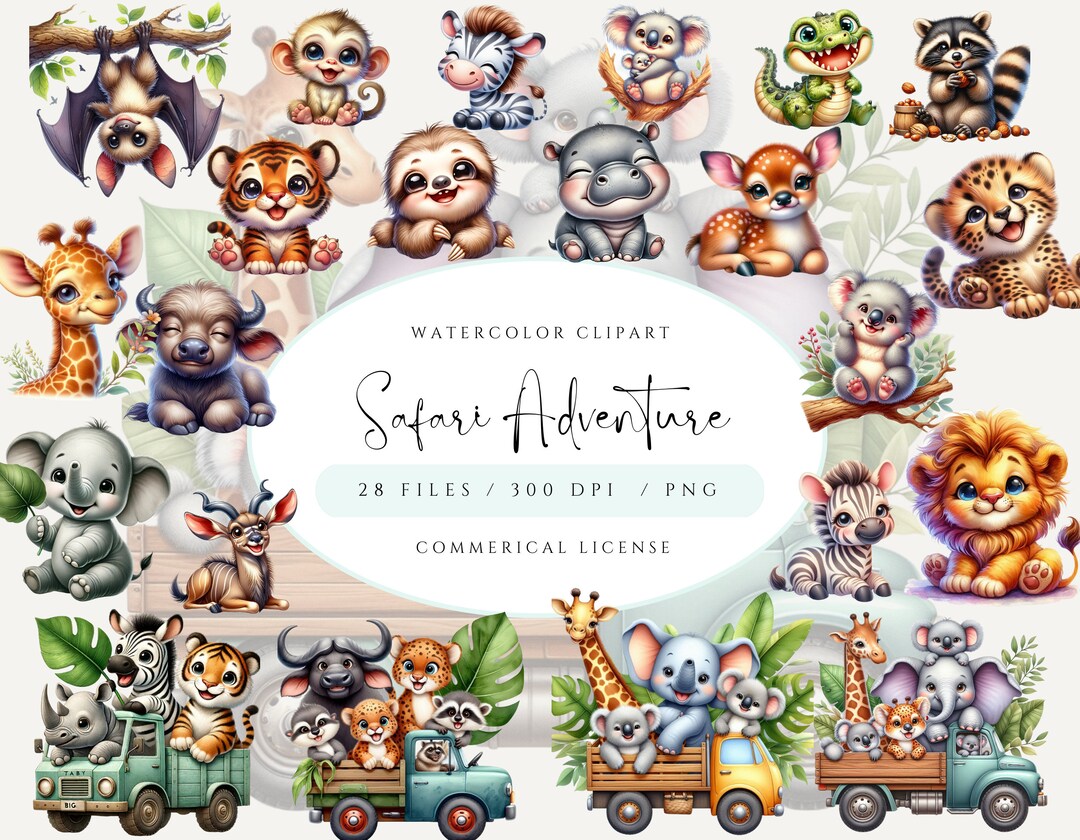 Safari Adventure Clipart Bundle, Watercolor Safari Animals Clipart ...