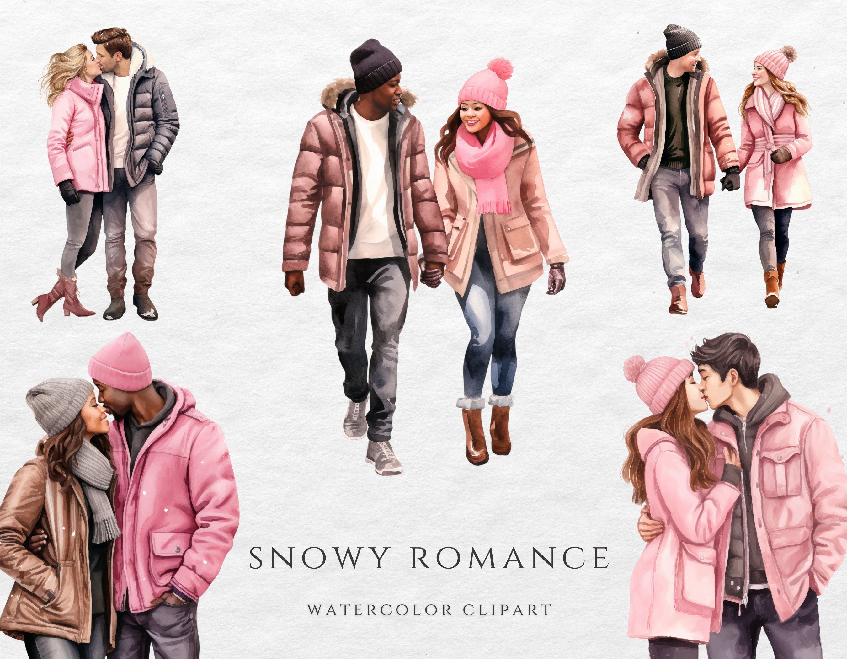 Snowy Romance Watercolor Clipart Image, Romantic Winter Graphics, Cute ...