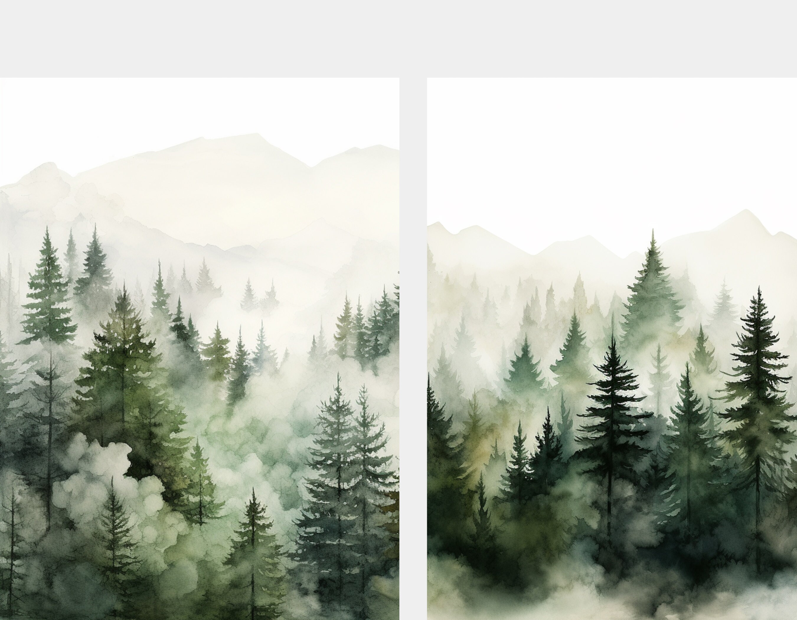 Misty Forest Landscape Watercolor Clipart, Pine Trees, Digital Papers ...